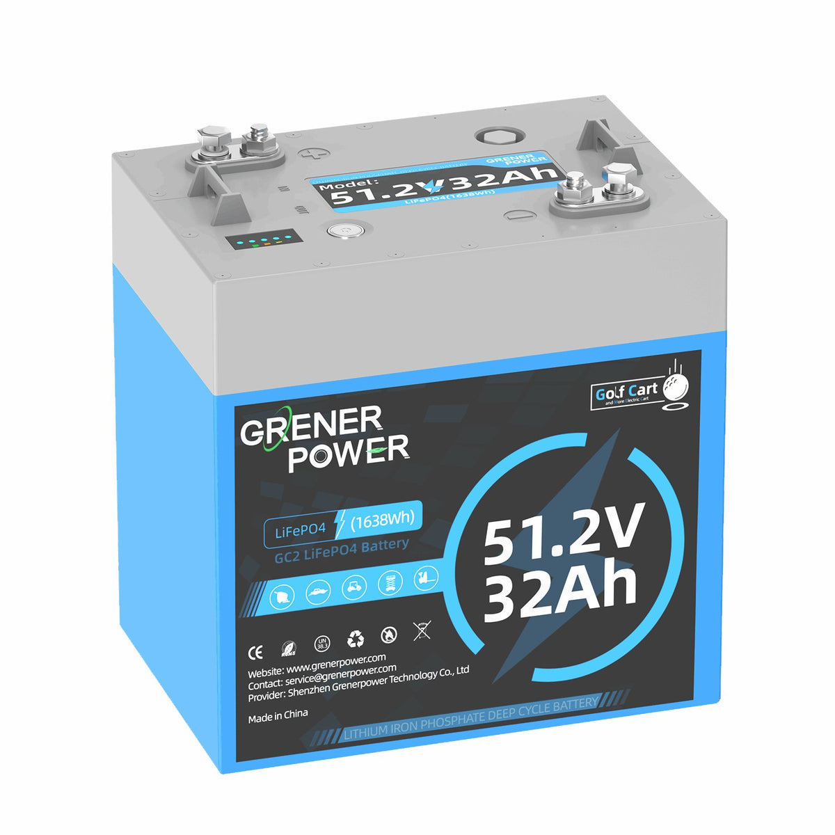 GrenerPower 48V (51.2V) 32Ah Golf Carts LiFePO4 Battery, 60A BMS, 1638