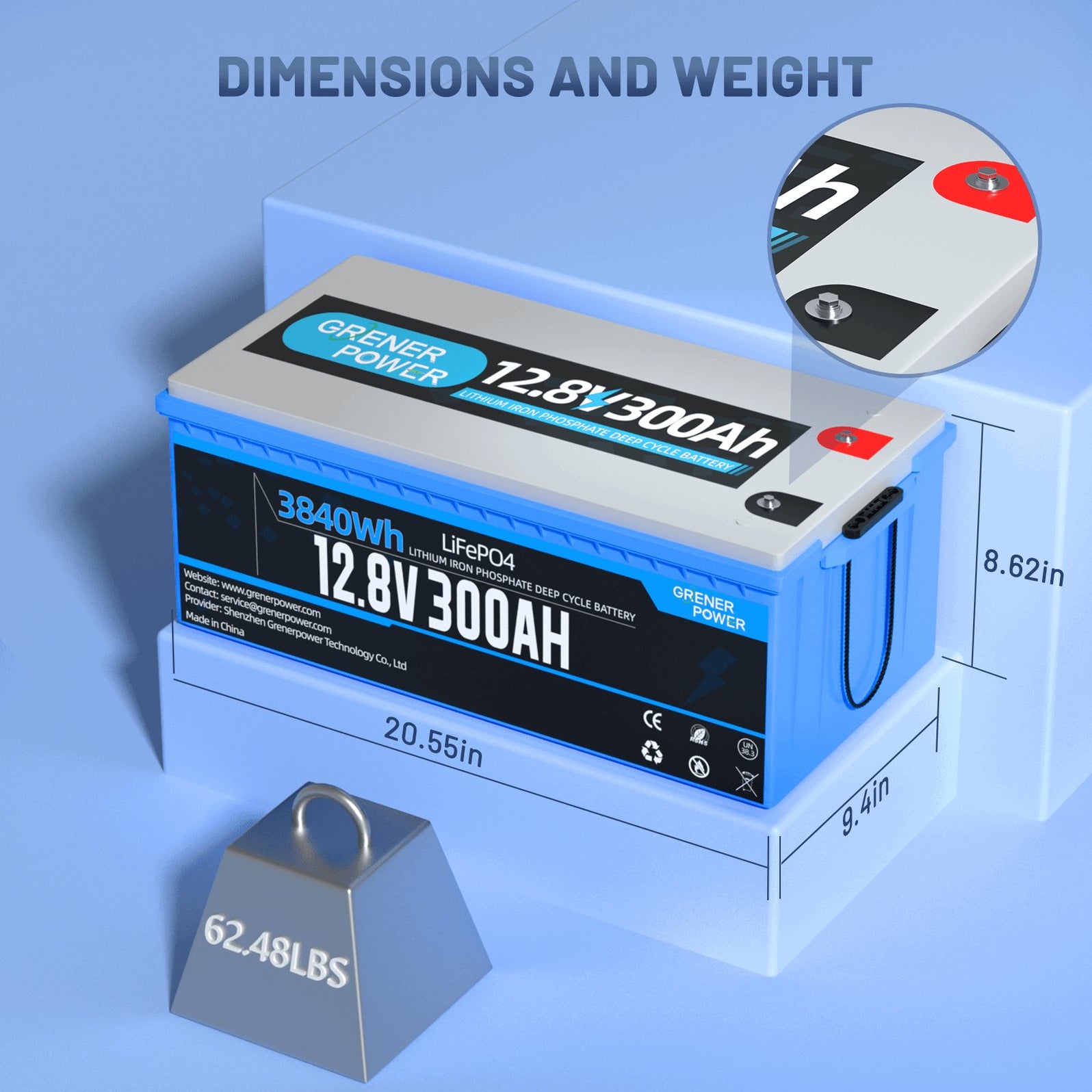 GrenerPower 12V(12.8V) 300Ah LiFePO4 Lithium Battery, Built-in 200A BM