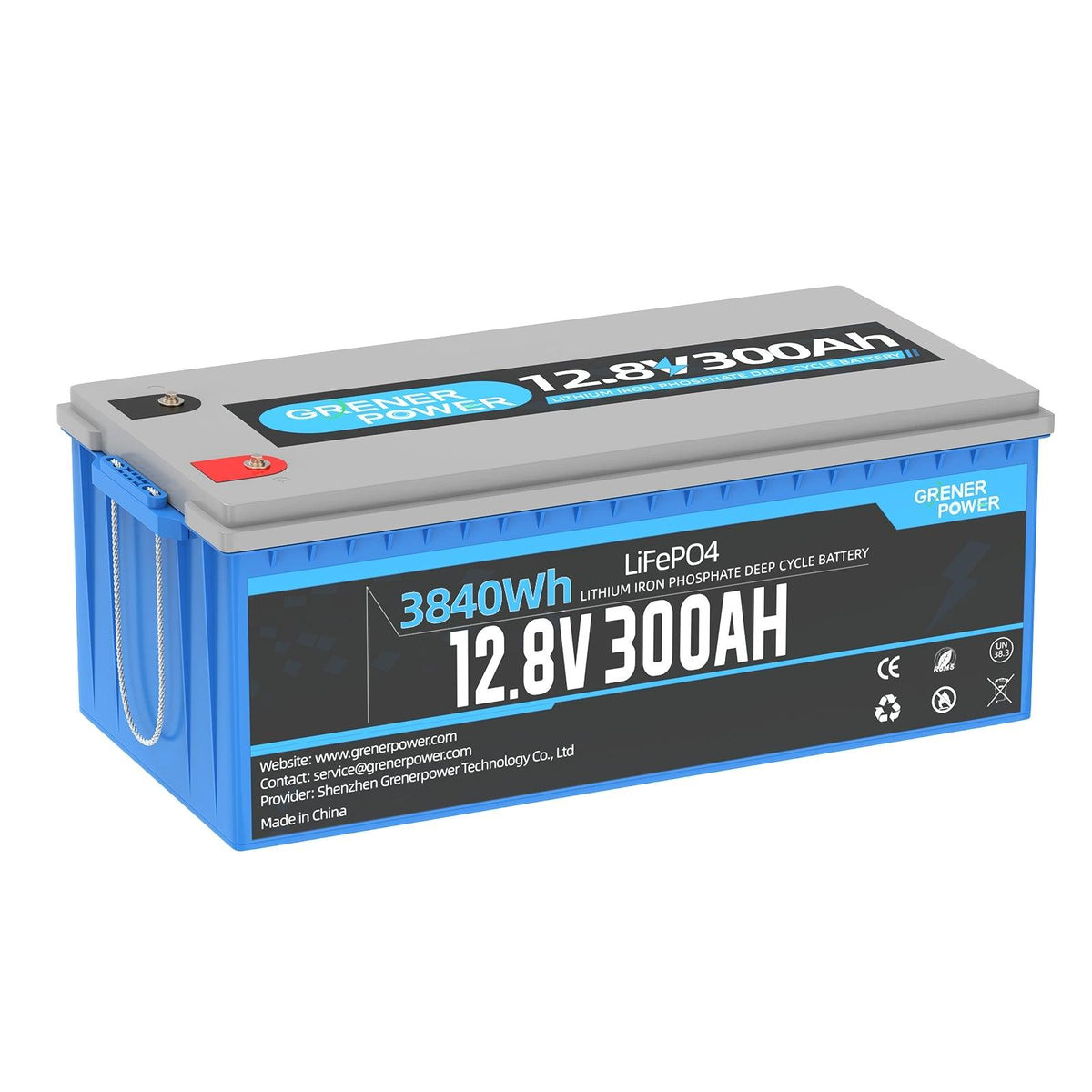 GrenerPower 12V(12.8V) 300Ah LiFePO4 Lithium Battery, Built-in 200A BM